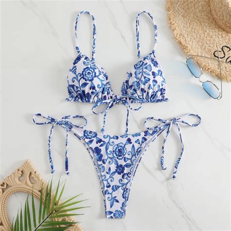 Sexy Floral Print Micro Bikini Blue And White Porcelain Bikini Swimwear