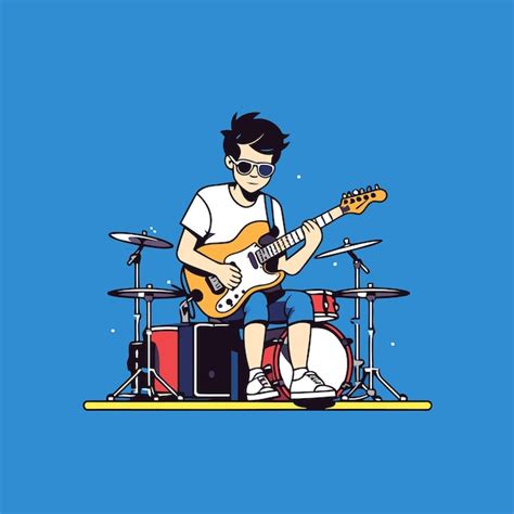 Premium Vector Musician Playing Guitar And Drum Set Vector