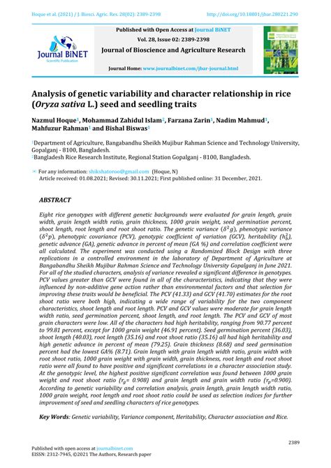 Pdf Analysis Of Genetic Variability And Character Relationship In Rice Oryza Sativa L Seed