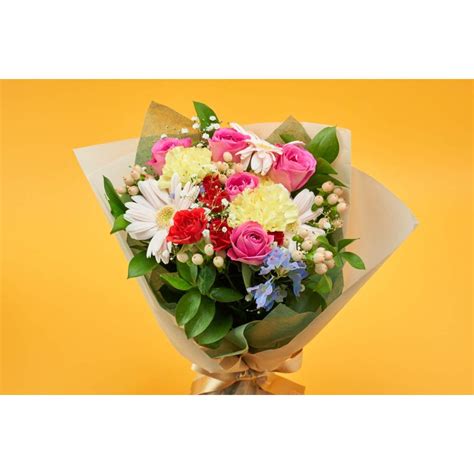 花束 生花 誕生日 フラワーアレンジ プレゼント 生花アレンジメント カラフルロングブーケ 花束m ガーベラ バラ カーネーション お祝い