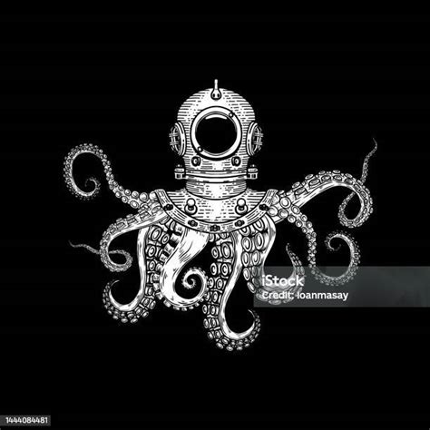 문어 촉수가 있는 빈티지 다이버 헬멧의 그림 포스터 카드 티셔츠의 디자인 요소 벡터 그림 다이빙에 대한 스톡 벡터 아트 및 기타 이미지 Istock