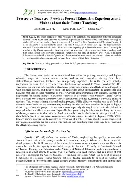 Preservice Teachers Previous Formal Education Experiences And Visions
