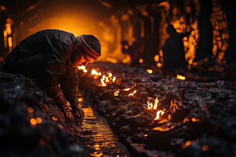 Premium Photo A Male Miner In A Mine With Poor Lighting Extracts Coal