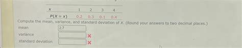 Solved \table[[x,1,2,3,4],[P(x=x),0.2,0.3,0.1,0.4]]Compute | Chegg.com