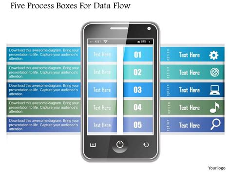 1214 Five Process Boxes For Data Flow Powerpoint Template PowerPoint Presentation Sample