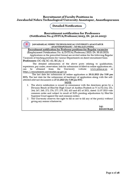 Jntua Detailed Notification No 4 Professors Pdf Doctor Of Philosophy Massive Open Online