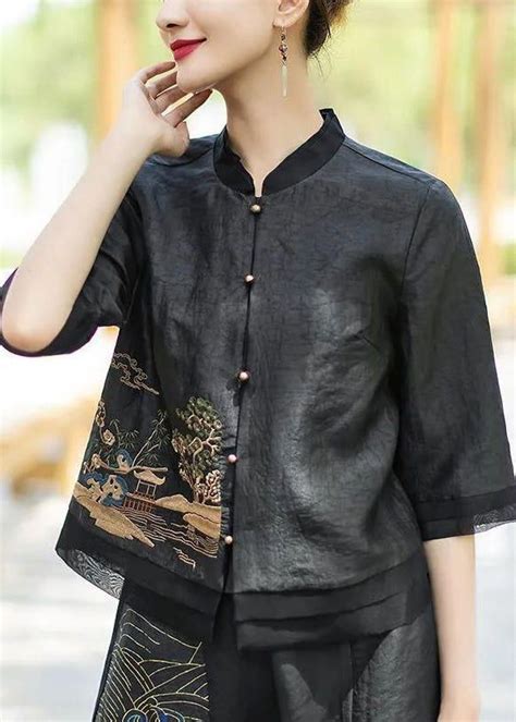 Original Design Black Stand Collar Embroidered Patchwork Silk Top Half
