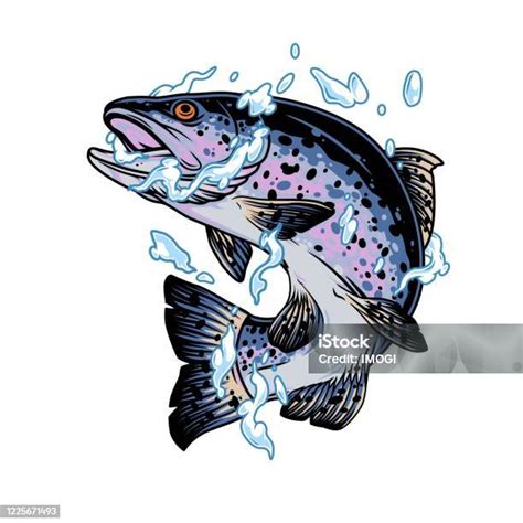 Melompat Ikan Trout Dalam Percikan Air Ilustrasi Stok Unduh Gambar