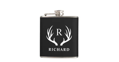 Custom Monogram With Black White Deer Antler Flask Zazzle