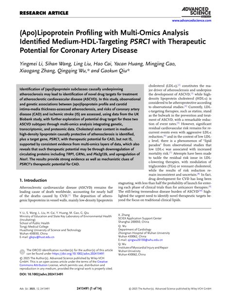Pdf Apolipoprotein Profiling With Multi‐omics Analysis Identified Medium‐hdl‐targeting Psrc1