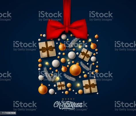 공 레터링 선물 상자와 현실적인 모피 나무메리 크리스마스 배너 배경 Xmas 디자인 3d 포스터 인사말 카드 머리 Led 조명에