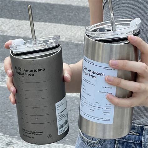 600ml Ins 커피 컵 보온병 스테인레스 스틸 물병 빨대 컵 아이스 아메리칸 커피 머그 텀블러 진공 플라스크 커플 컵