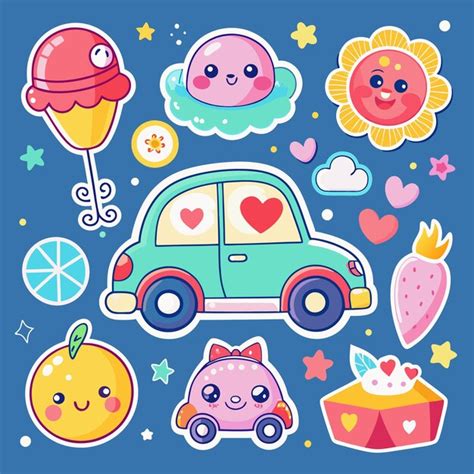 Set Of Cute Cartoon Stickers With Various Characters And Objects On