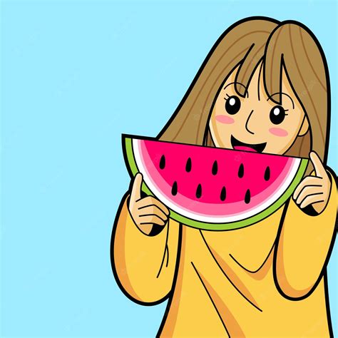 Garota Come Ilustração De Melancia Vetor Premium