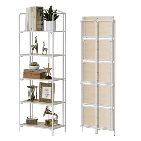 Crofy No Assembly Folding Bookshelf 5 Tier White Bookshelf Metal Book