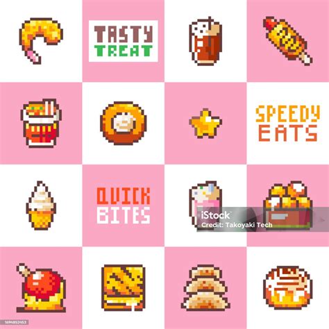 레트로 픽셀 아트 레트로 패스트 푸드 원활한 패턴 8bit 국수 너겟 핫도그 만두 등 귀여운 식사와 스낵 질감의 벡터 배경