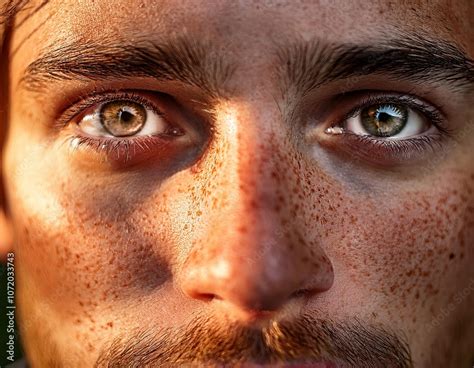 Close Up Photography Of A Male Face With Freckles Illuminated By