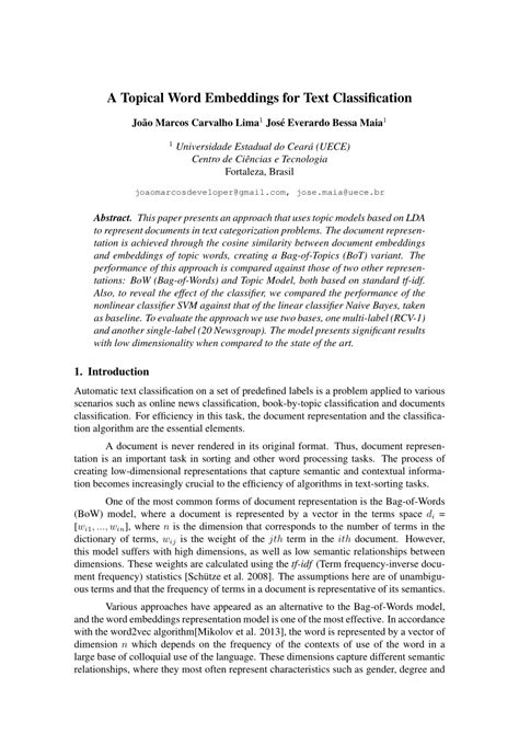 Pdf A Topical Word Embeddings For Text Classification