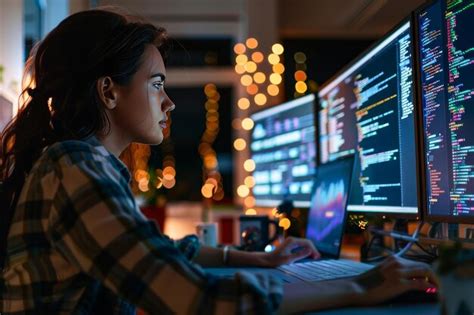 Female Software Engineer Working Intensely On Multiple Computer Screens At Night Premium Ai