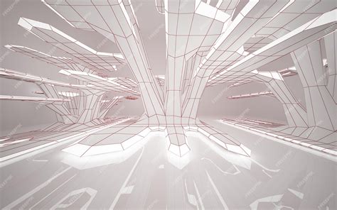 창 3d 그림 및 렌더링을 사용하여 추상 드로잉 흰색 인테리어 다단계 공용 공간 프리미엄 사진