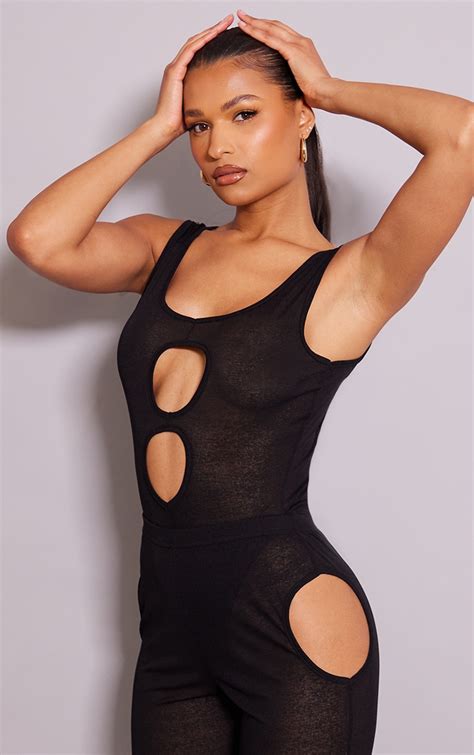 Black Sheer Cut Out Front Bodysuit Co Ords Prettylittlething