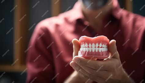 Premium Ai Image Teeth Prosthesis In The Hands Of A Man