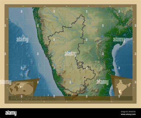 Karnataka State Of India Colored Elevation Map With Lakes And Rivers