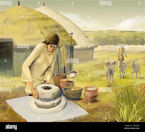 Bronze Age Settlement Kazakhstan Area A Young Woman Sits On The