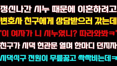 반전 신청사연 시누 때문에 이혼하려고 변호사 상담받으러 갔는데 친구가 시댁 현관문 열며 한마디 던지자 시댁 식구 무릎 꿇고