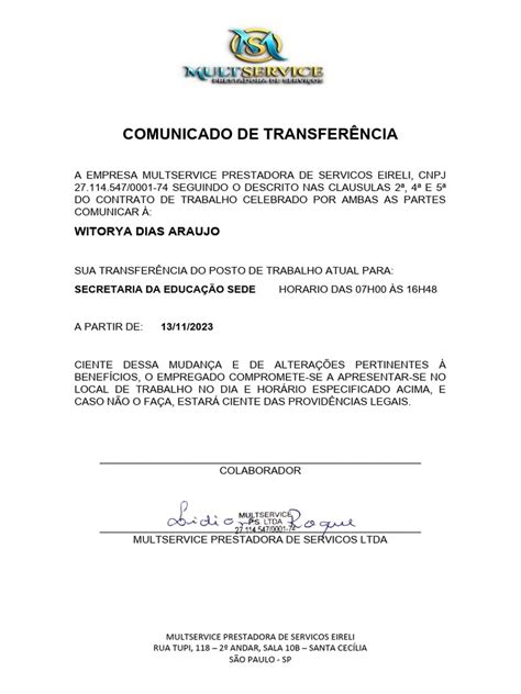 Comunicado De Transferência Atualizado 1 1 Pdf