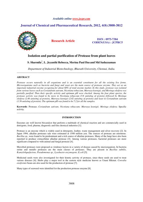 Pdf Isolation And Partial Purification Of Protease From Plant Leaves