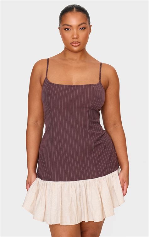 Plus Brown Contrast Pinstripe Frill Hem Shift Dress Plus Size Plt Ire