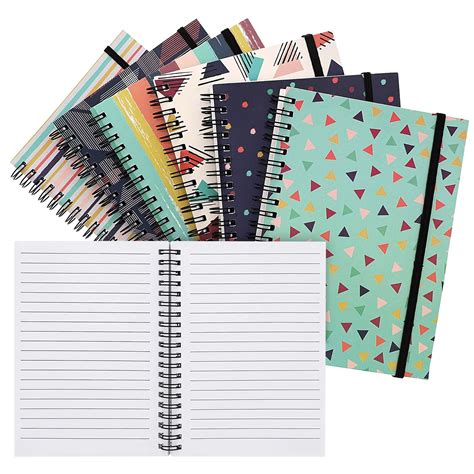 6 Pack 5x7 Bound Size Spiral Notebooks With Pocket Elastic Closure For