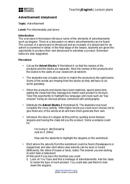 Advertisement Storyboard Lesson Plan For 6th 8th Grade Lesson Planet
