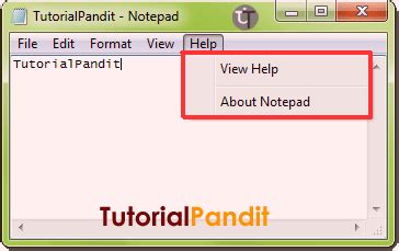 Notepad म Help Menu क उपयग करन TutorialPandit