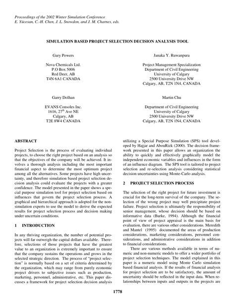 Pdf Simulation Based Project Selection Decision Analysis Tool