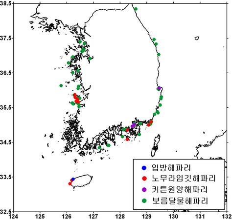 그림 66～13일 한국 연안역 해파리 분포도 해파리 모니터링요원으로부터 취합된 자료임
