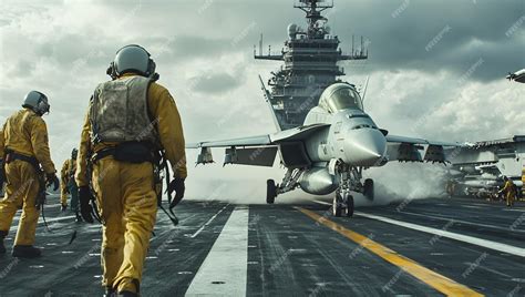 Fighter Jet Landing On Aircraft Carrier Deck With Crew In Yellow Suits