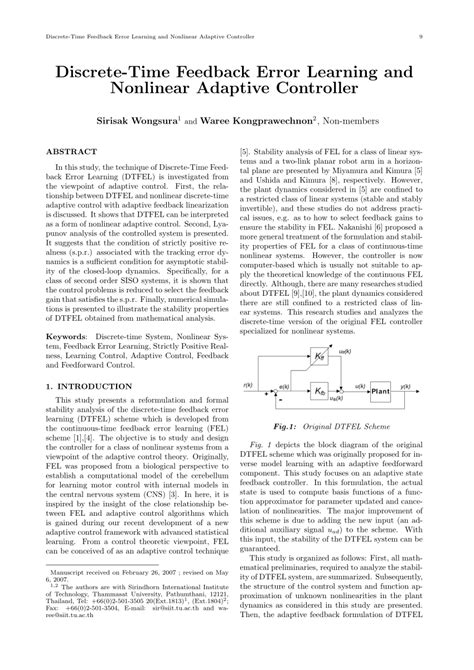 Pdf Discrete Time Feedback Error Learning