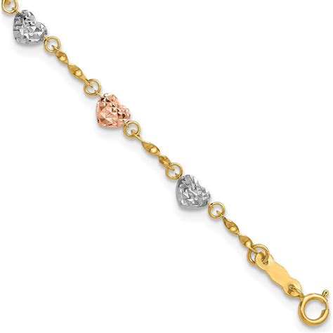 14k Tri Color Gold Diamond Cut Puff Heart Bracelet With Spring Ring Cl