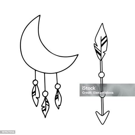 깃털과 달이 있는 민족 화살표를 설정합니다 손으로 그린 벡터 Boho 라인 그림 0명에 대한 스톡 벡터 아트 및 기타 이미지