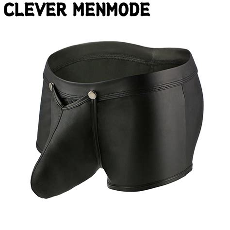 Men Underwear Faux Leather Bulge Pouch Open Crotch Boxer Soft Low Waist