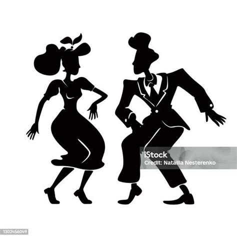 Swing Dans Par Svart Siluett Vektor Illustration Gammaldags Människor I