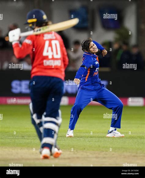 India S Radha Yadav Celebrates Taking The Wicket Of England S Amy Jones During The Third T