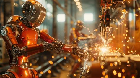 Advanced Robotic Arms Welding In A High Tech Manufacturing Factory With Sparks Flying Stock