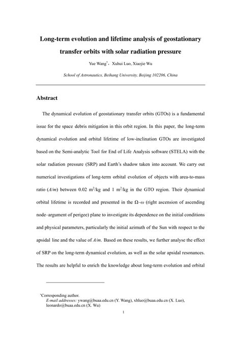Pdf Long Term Evolution And Lifetime Analysis Of Geostationary Transfer Orbits With Solar
