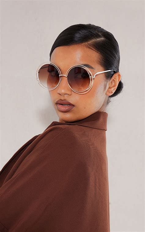 Brown Metal Double Frame Rounded Sunglasses Accessories