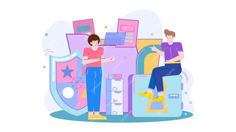 Premium Vector Two People Are Implementing Security Measures To Protect Data