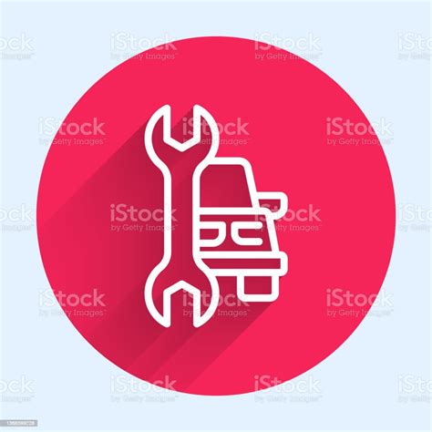긴 그림자 배경으로 격리 된 화이트 라인 자동차 서비스 아이콘 자동 정비사 서비스 수리 서비스 자동 정비사 유지 보수 기호입니다