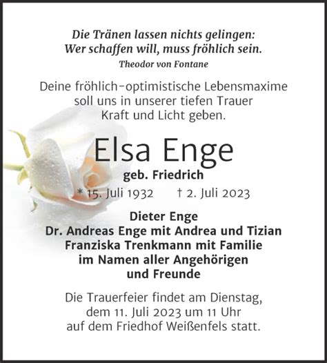 Traueranzeigen Von Elsa Enge Abschied Nehmen De
